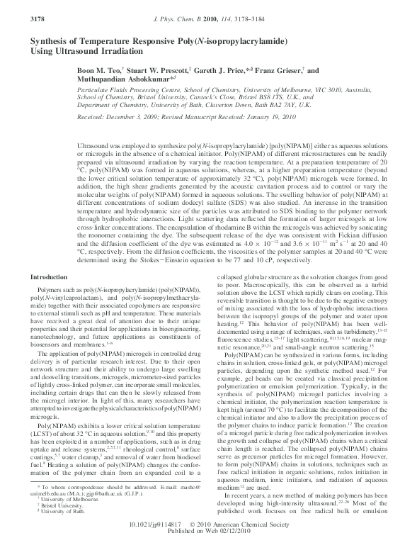 (PDF) Synthesis of Temperature Responsive Poly( N -isopropylacrylamide) Using Ultrasound Irradiation
