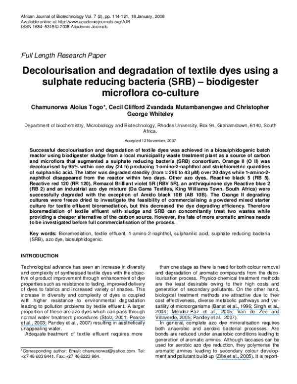 (PDF) Decolourisation and degradation of textile dyes using a sulphate ...