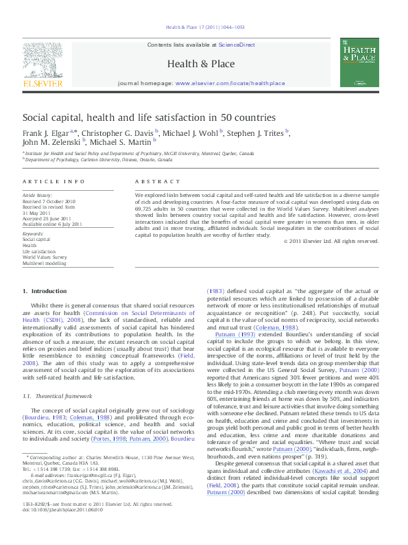 (PDF) Social capital, health and life satisfaction in 50 countries