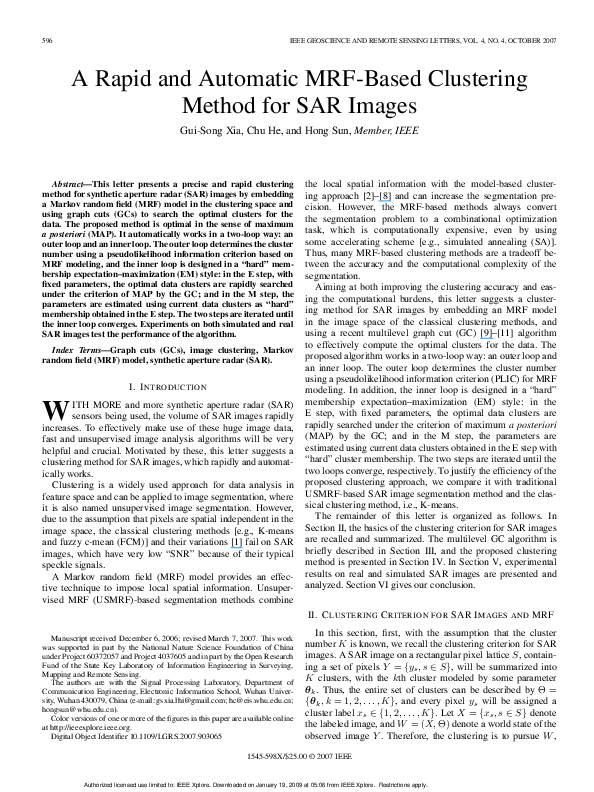Pdf A Rapid And Automatic Mrf Based Clustering Method For Sar Images