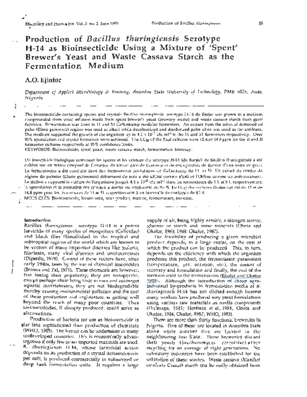 (PDF) Production of Bacillus thuringiensis Serotype H-14 as Bioinsecticide Using a Mixture of ...