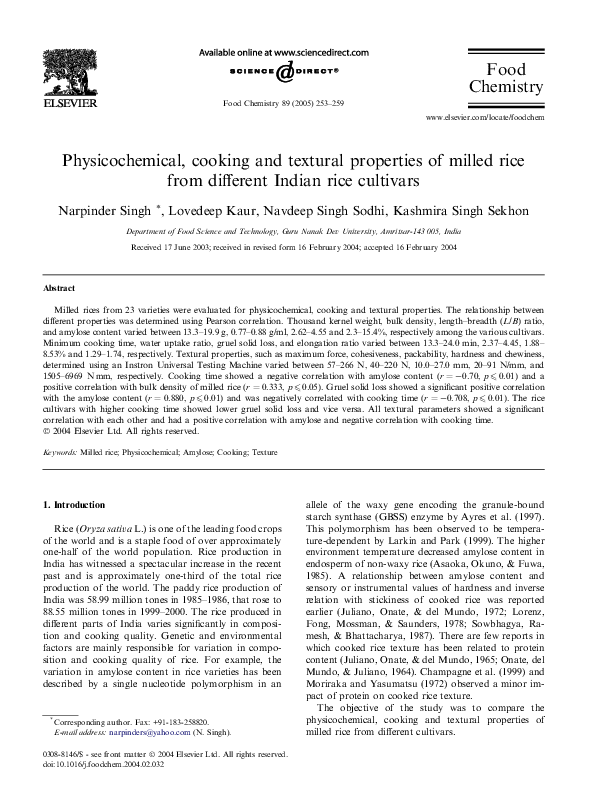 (PDF) Physicochemical, cooking and textural properties of milled rice from different Indian rice ...