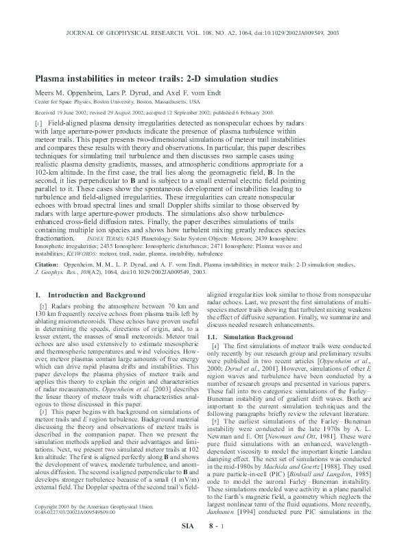 (PDF) Plasma instabilities in meteor trails: 2-D simulation studies