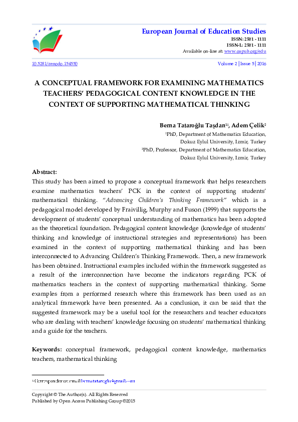 (PDF) A CONCEPTUAL FRAMEWORK FOR EXAMİNİNG MATHEMATİCS TEACHERS ...