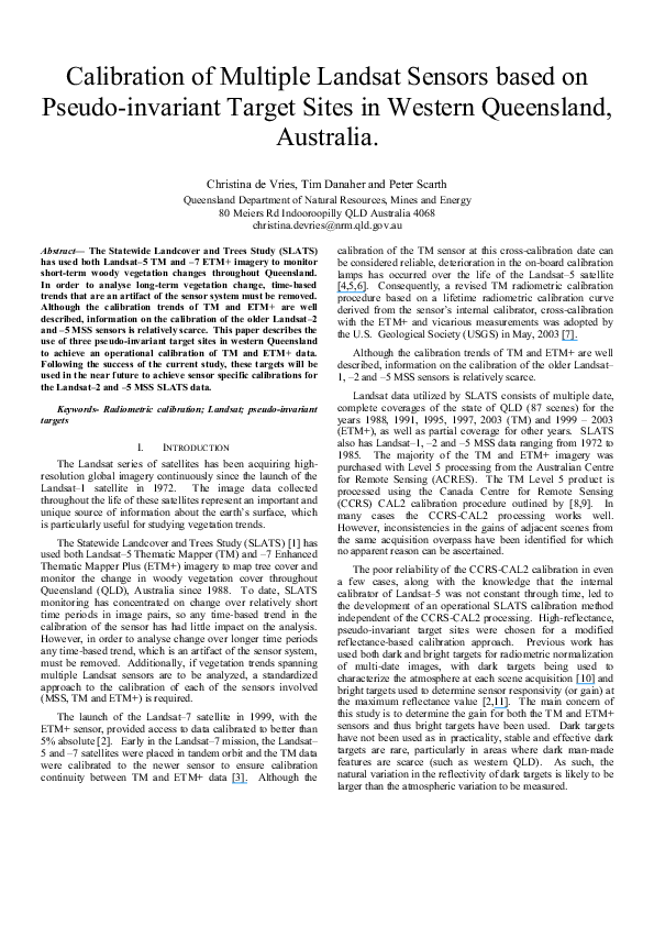Pdf Calibration Of Multiple Landsat Sensors Based On Pseudo Invariant Target Sites In Western