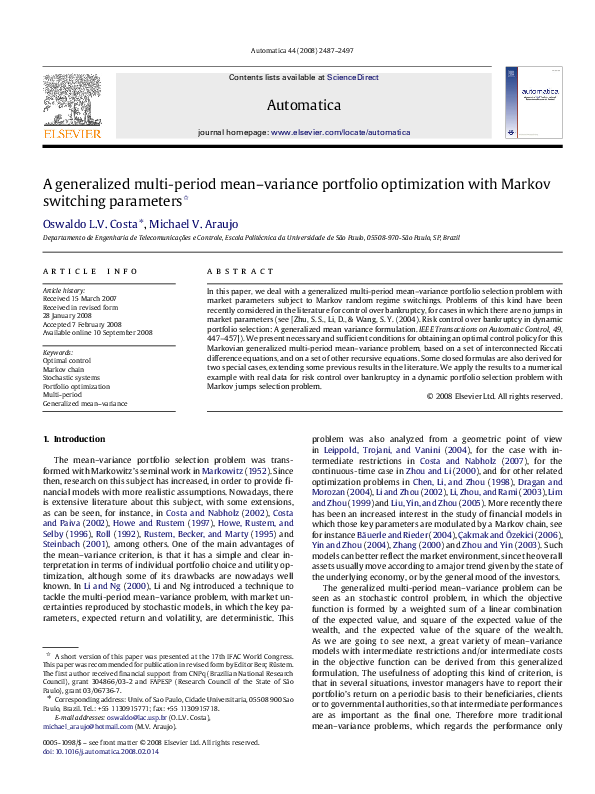 Pdf A Generalized Multi Period Mean Variance Portfolio Optimization With Markov Switching