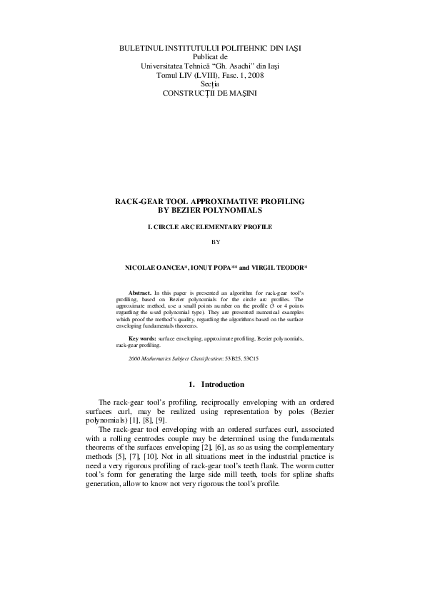 Pdf Rack Gear Tool Approximative Profiling By Bezier Polynomials I Circle Arc Elementary Profile