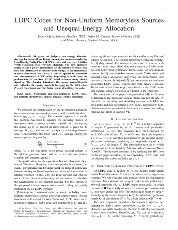 Pdf Ldpc Codes For Non Uniform Memoryless Sources And Unequal Energy Allocation