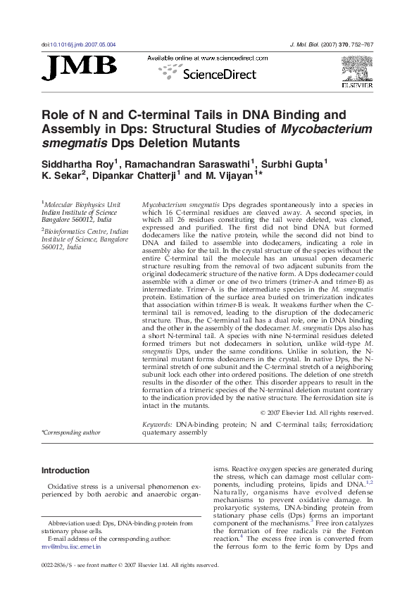 Role of N and C-terminal Tails in DNA Binding and Assembly in Dps ...