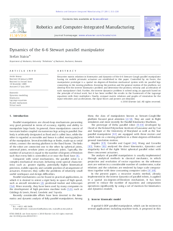 (PDF) Dynamics of the 6-6 Stewart parallel manipulator