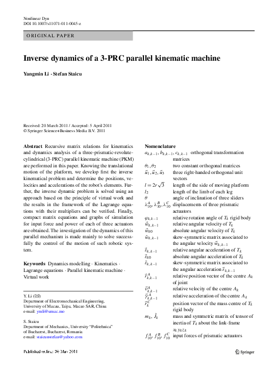 (PDF) Inverse dynamics of a 3PRC parallel kinematic machine