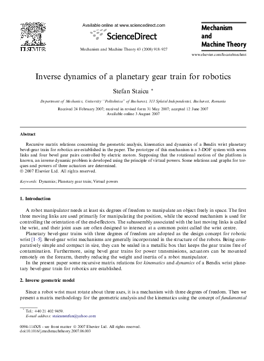 (PDF) Inverse dynamics of a planetary gear train for robotics