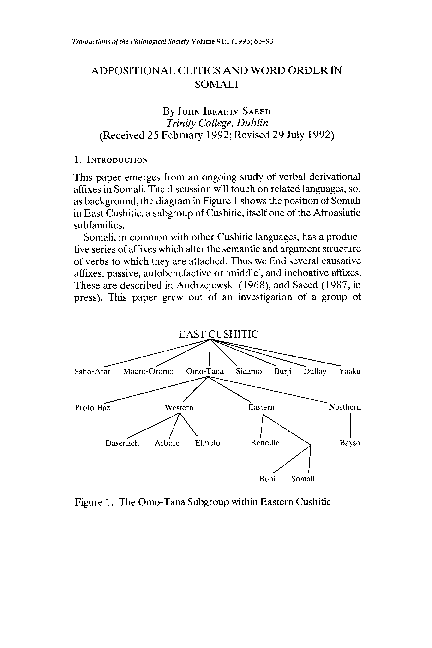 (PDF) ADPOSITIONAL CLITICS AND WORD ORDER IN SOMALI