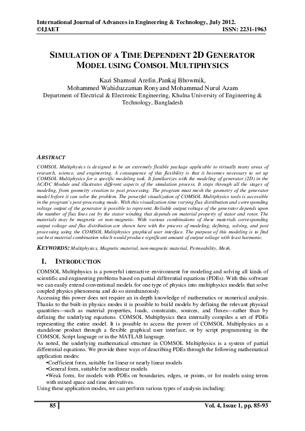 (PDF) SIMULATION OF A TIME DEPENDENT 2D GENERATOR MODEL USING COMSOL MULTIPHYSICS