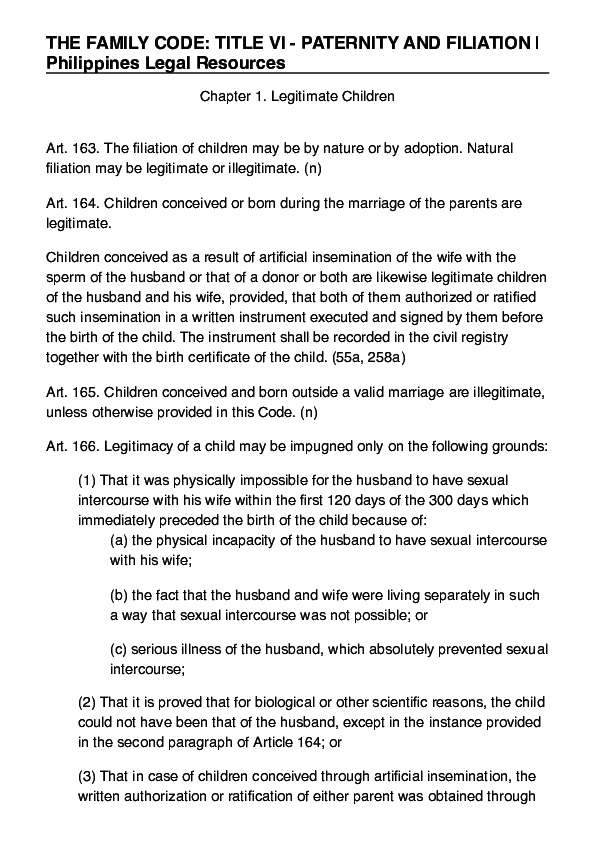 (PDF) THE FAMILY CODE: TITLE VI -PATERNITY AND FILIATION | Philippines ...