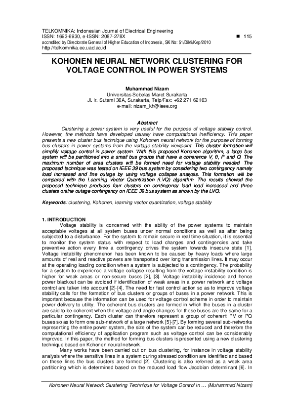(PDF) KOHONEN NEURAL NETWORK CLUSTERING FOR VOLTAGE CONTROL IN POWER SYSTEMS