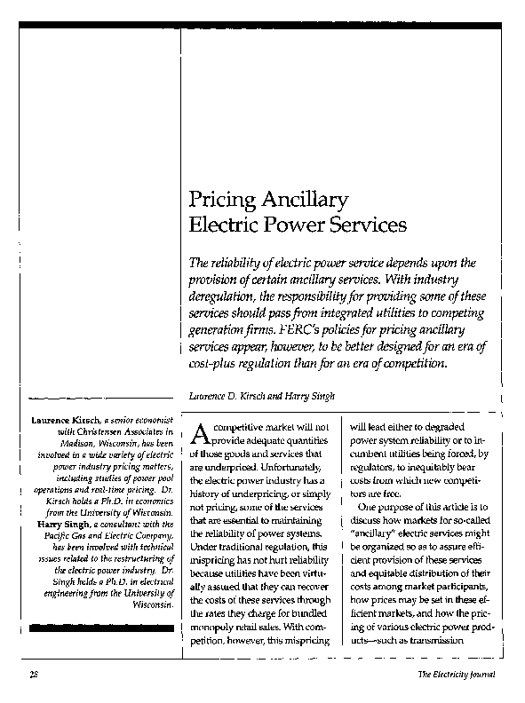 (PDF) Pricing ancillary electric power services