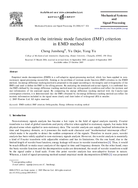 Pdf Research On The Intrinsic Mode Function Imf Criterion In Emd Method