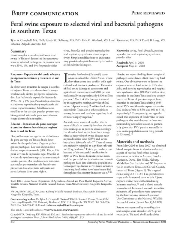(PDF) Feral swine exposure to selected viral and bacterial pathogens in ...