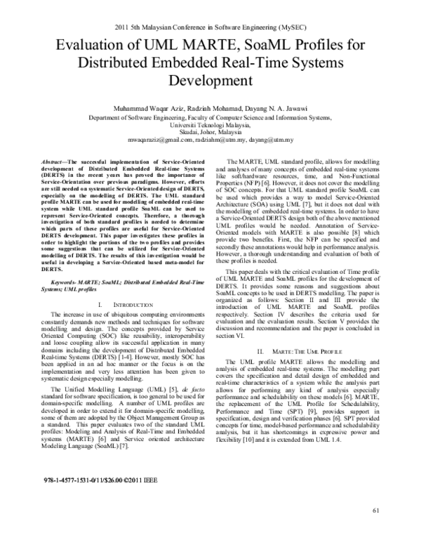 Pdf Evaluation Of Uml Marte Soaml Profiles For Distributed Embedded Real Time Systems Development