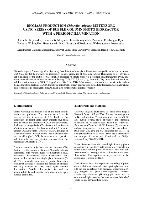 (PDF) BIOMASS PRODUCTION Chlorella vulgaris BUITENZORG USING SERIES OF ...