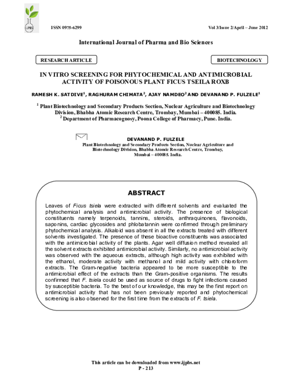 (PDF) In Vitro Screening for Phytochemical and Antimicrobial Activity of Poisonous Plant Ficus ...