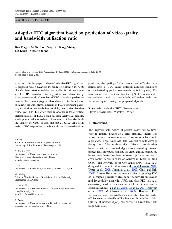 Pdf Adaptive Fec Algorithm Based On Prediction Of Video Quality And Bandwidth Utilization Ratio