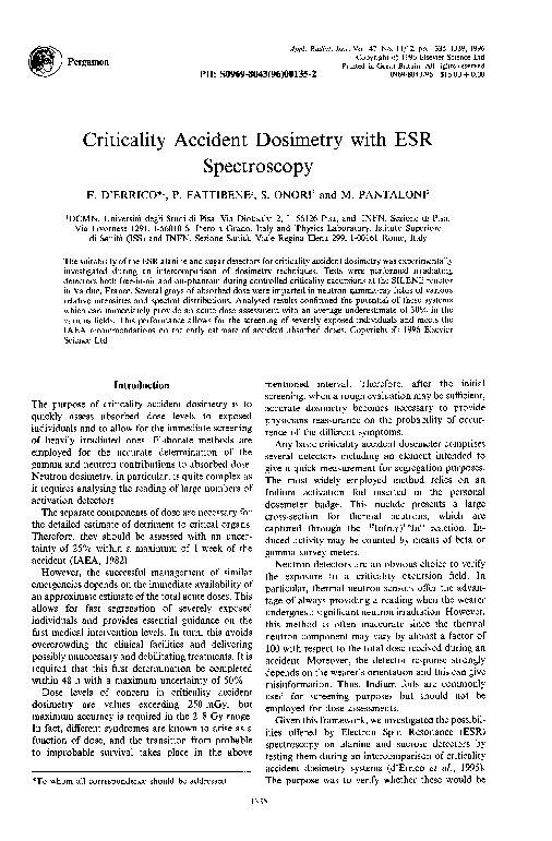 (PDF) Criticality accident dosimetry with ESR spectroscopy