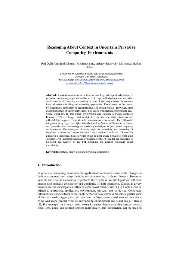 Pdf Reasoning About Context In Uncertain Pervasive Computing Environments