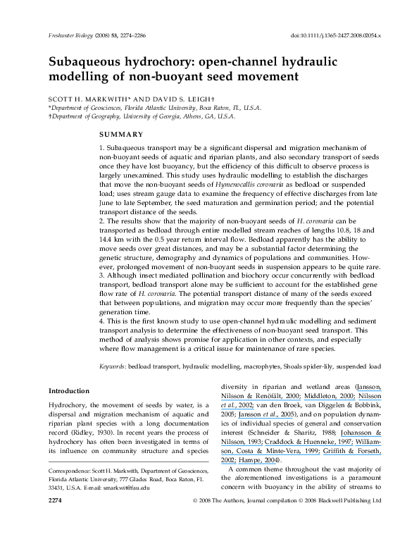(PDF) Subaqueous hydrochory: open-channel hydraulic modelling of non ...