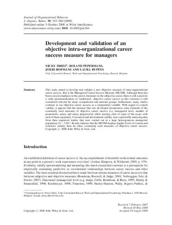 (PDF) Development and validation of an objective intra-organizational career success measure for ...