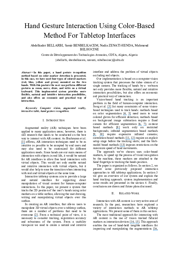 (PDF) Hand gesture interaction using color-based method for tabletop interfaces
