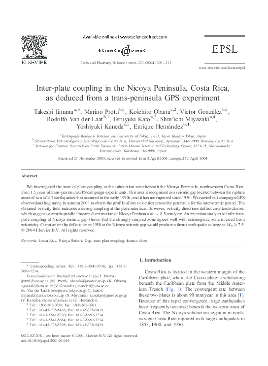 (PDF) Interplate coupling in Nicoya Peninsula, Costa Rica, as deduced ...