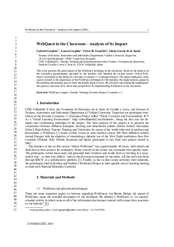 (PDF) WebQuest in the Classroom–Analysis of its Impact