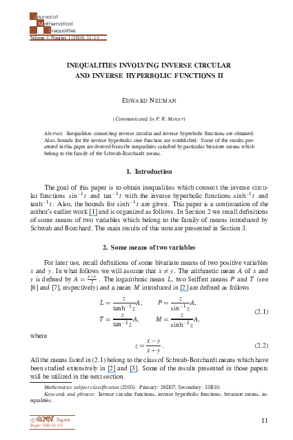 (PDF) Inequalities involving inverse circular and inverse hyperbolic functions