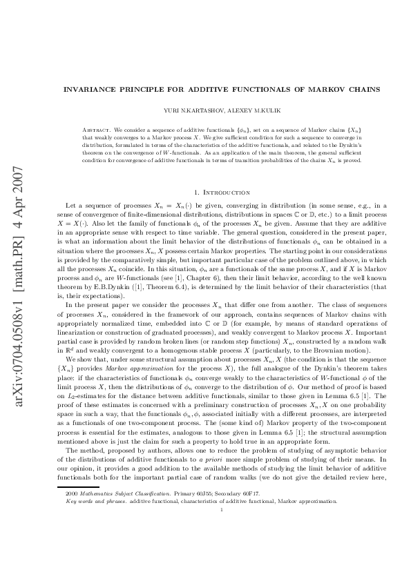 Pdf Invariance Principle For Additive Functionals Of Markov Chains