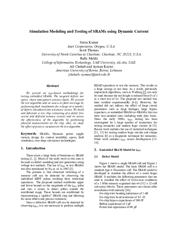 Pdf Simulation Modeling And Testing Of Srams Using Dynamic Current