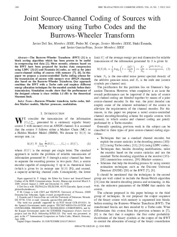 (PDF) Joint Source-Channel Coding of Sources with Memory using Turbo Codes and the Burrows ...