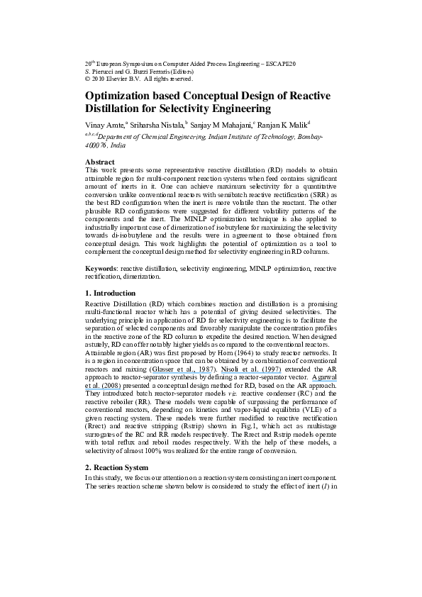 Pdf Optimization Based Conceptual Design Of Reactive Distillation For Selectivity Engineering