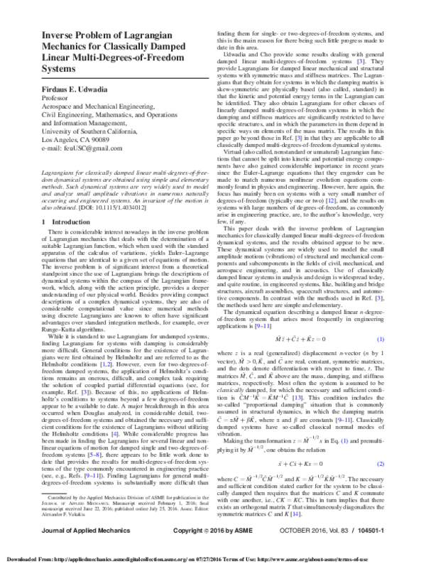 (PDF) Inverse Problem of Lagrangian Mechanics for Classically Damped Linear Multi-Degrees-of ...