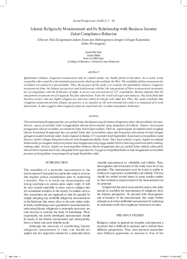 (PDF) Antecedents of Zakat Compliance Intention Behavior On Saving | Zainol Bidin - Academia.edu