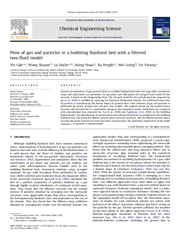 (PDF) Flow of gas and particles in a bubbling fluidized bed with a filtered two-fluid model