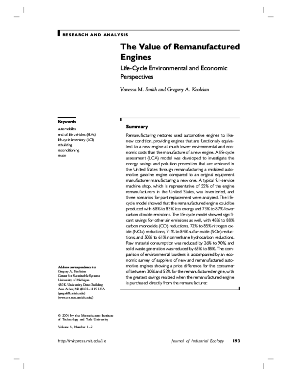 (PDF) The Value of Remanufactured Engines: Life-Cycle Environmental and ...