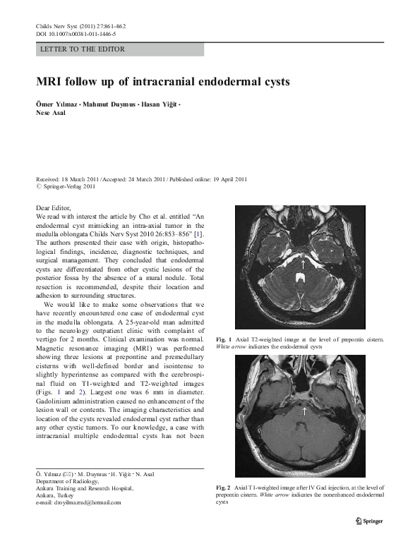 (PDF) MRI follow up of intracranial endodermal cysts