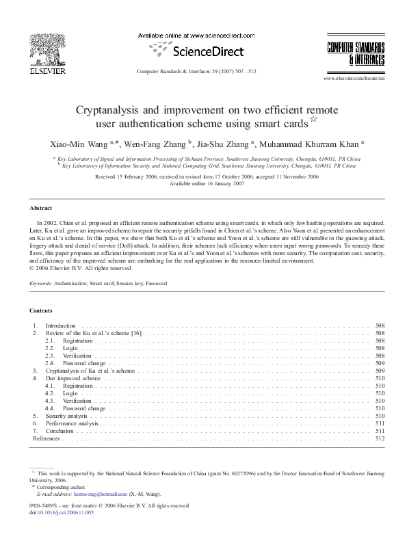 Pdf Cryptanalysis And Improvement On Two Efficient Remote User Authentication Scheme Using 9954