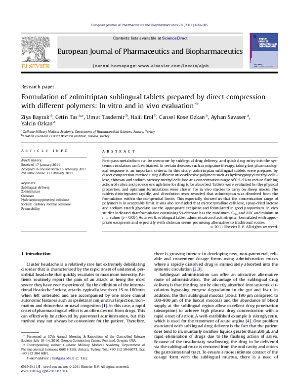 Pdf Formulation Of Zolmitriptan Sublingual Tablets Prepared By Direct Compression With
