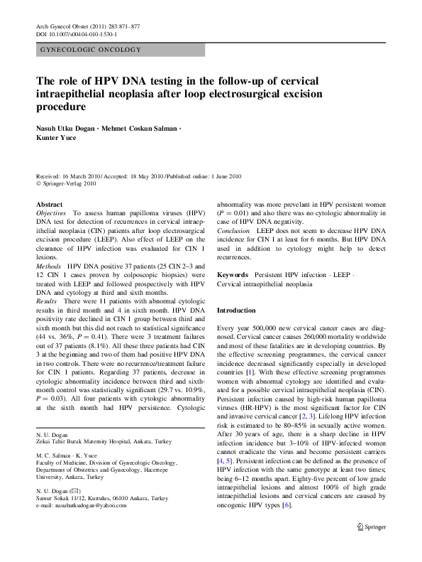 (PDF) The role of HPV DNA testing in the follow-up of cervical ...