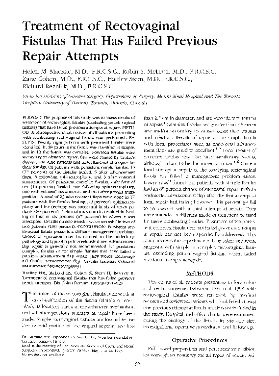 (PDF) Treatment of rectovaginal fistulas that has failed previous ...