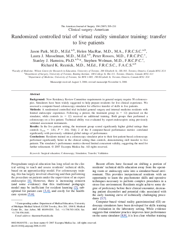 (PDF) Randomized controlled trial of virtual reality simulator training: transfer to live patients