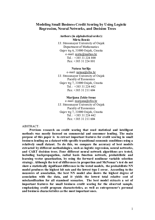 (PDF) Modelling small-business credit scoring by using logistic regression, neural networks and ...